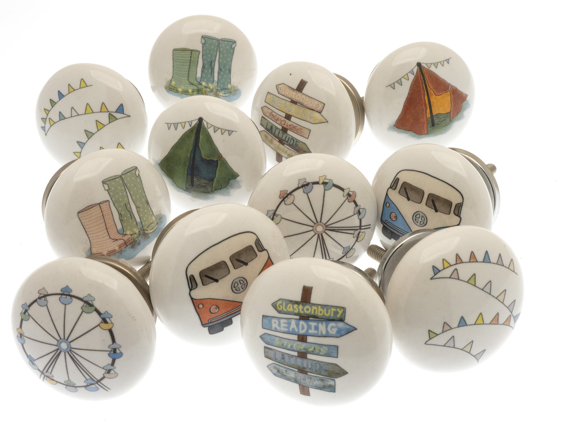 Fun Set of 10 'Glastonbury and Camping' Ceramic Cupboard Door Knobs – Mango Tree Knobs